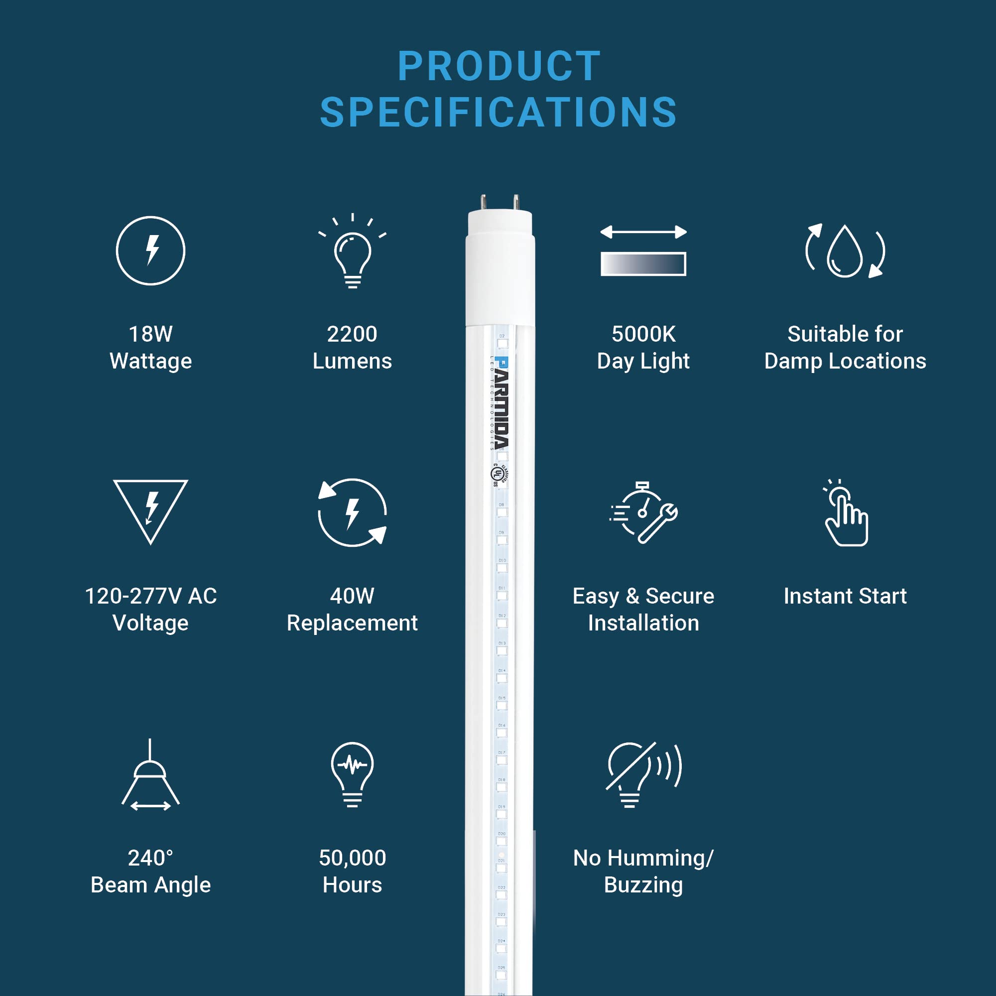PARMIDA 20-Pack LED T8 Hybrid Type A+B Light Tube, 4FT, 18W (40W Replacement), Clear Cover, Single-End OR Dual-End Powered, 5000K (Day Light), 2200lm, Works with/Without Ballast, UL