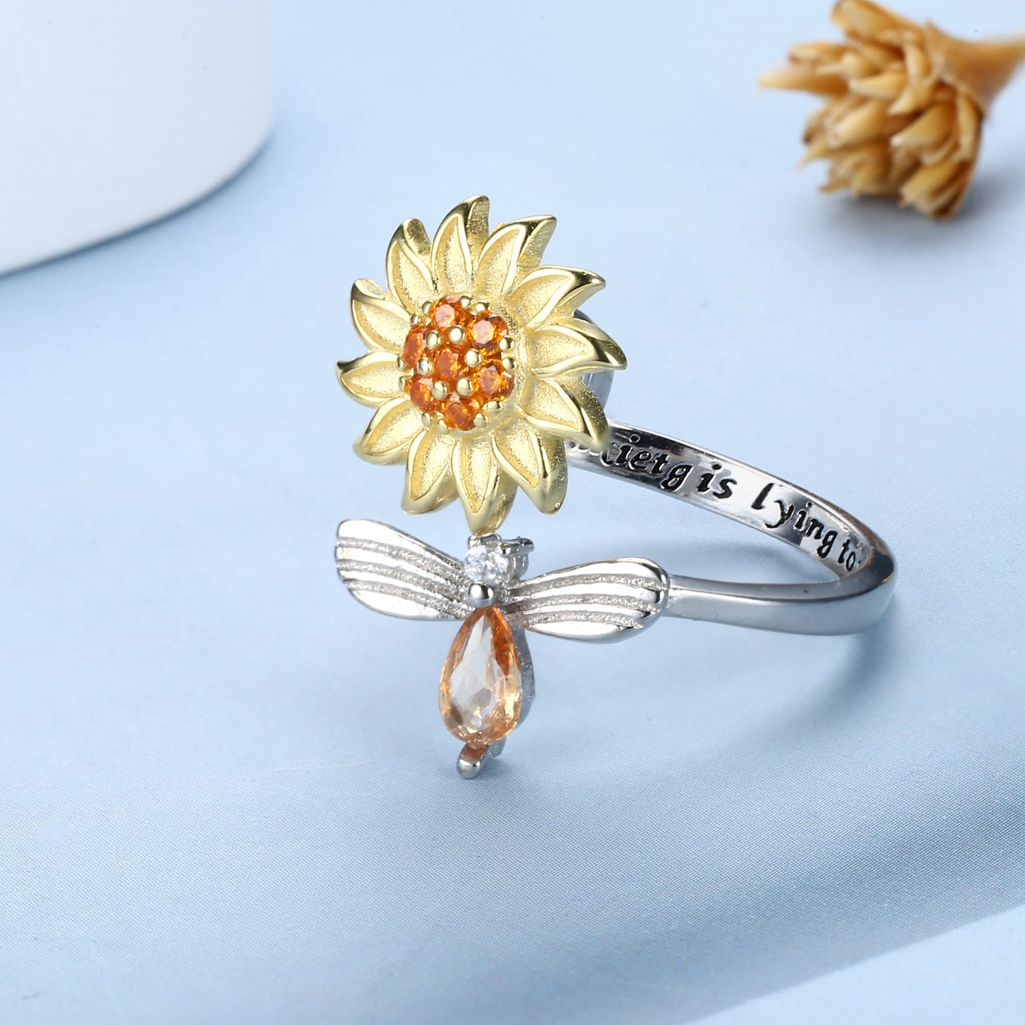 FUNRUN JEWELRY 925 Sterling Silver Flower Fidget Spinner Rings for Women Anxiety Adjustable Bee Daisy Open Ring Relieving Stress Stackable Rings Anti Anxiety Jewelry Gift