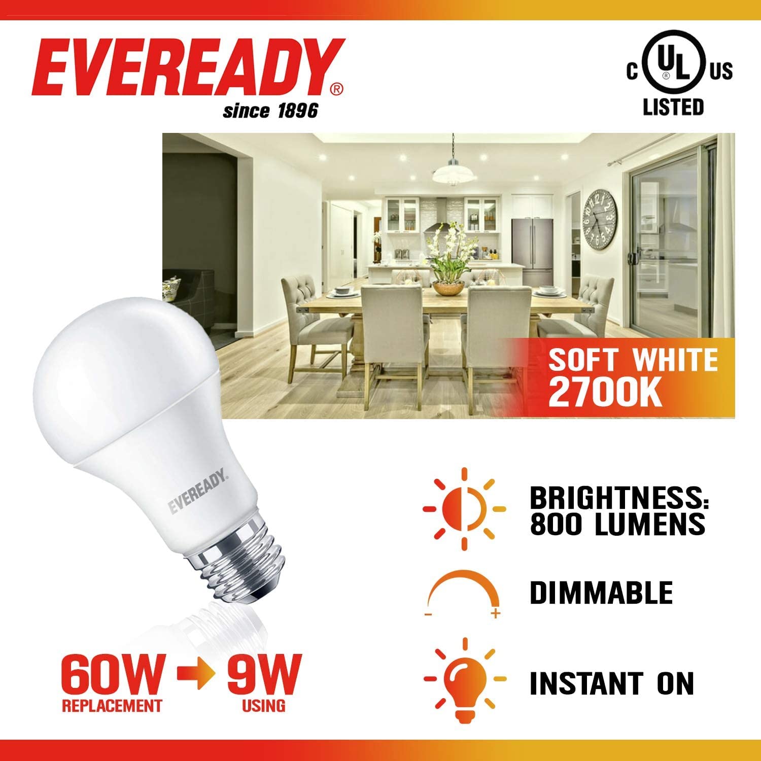 Eveready Led Light Bulbs, Dimmable, 60 Watt Equivalent Light Bulbs (9W Led Bulb), 800 Lumens, 2700K Soft White Color, A19 E26 Base Led Replacement for Halogen Bulb, ES and UL Certified - 6 Pack