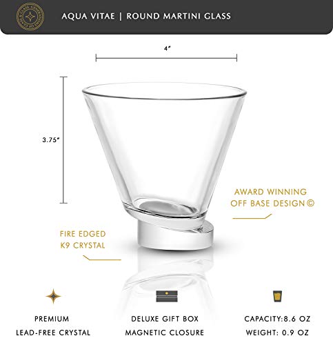 JoyJolt Aqua Vitae Martini Glass Set of 2. Crystal Glassware, Round Drinking Glasses with Off Set Base. Stemless Cocktail Glasses and Dessert Glasses. Unique Christmas Gifts