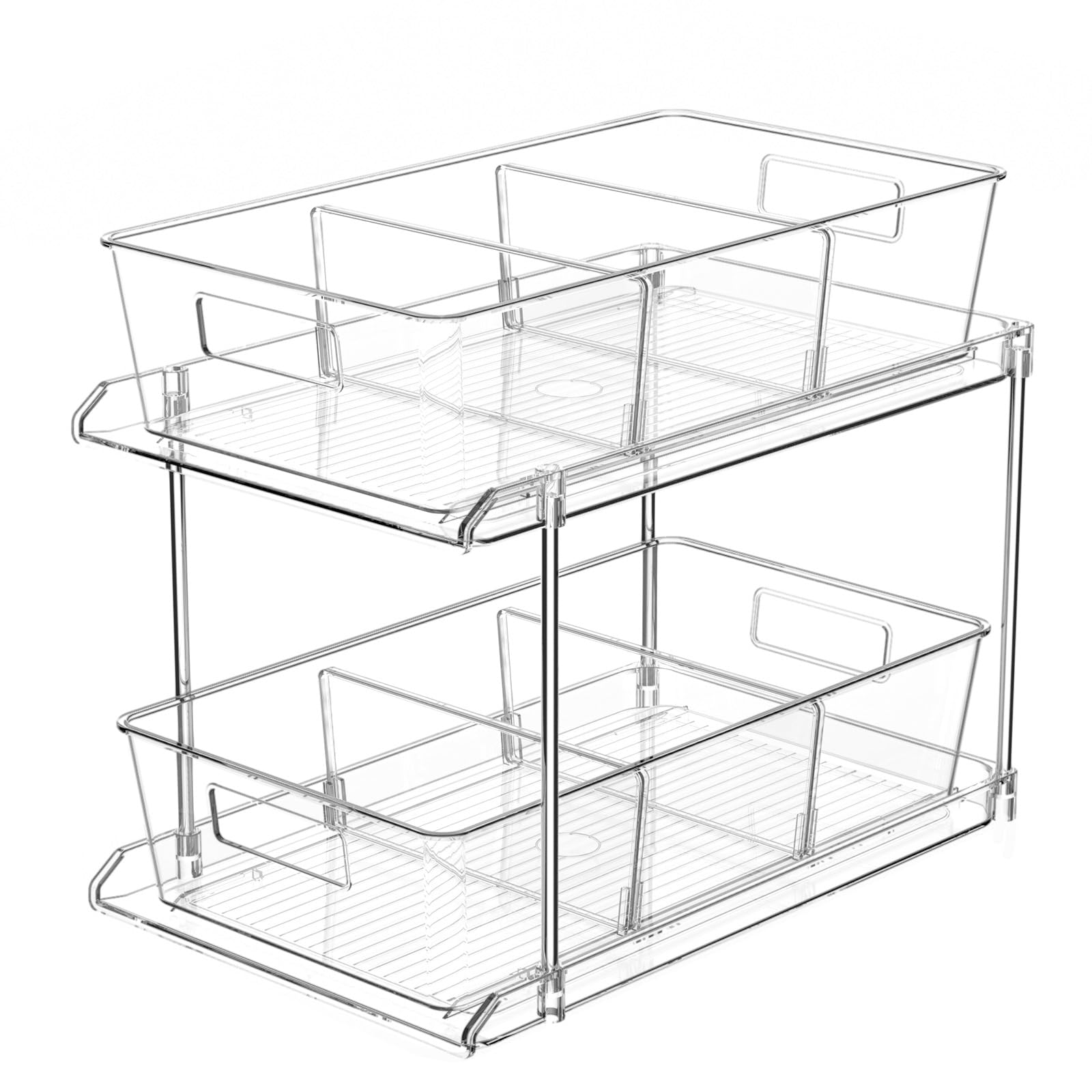 FabSpace Pull-out Home Organizers, 2 Tier Clear Bathroom Organizer with Dividers, Multipurpose Vanity Counter Tray, Kitchen, Closet Organizers and Storage Container Bins for Cabinet, Pantry