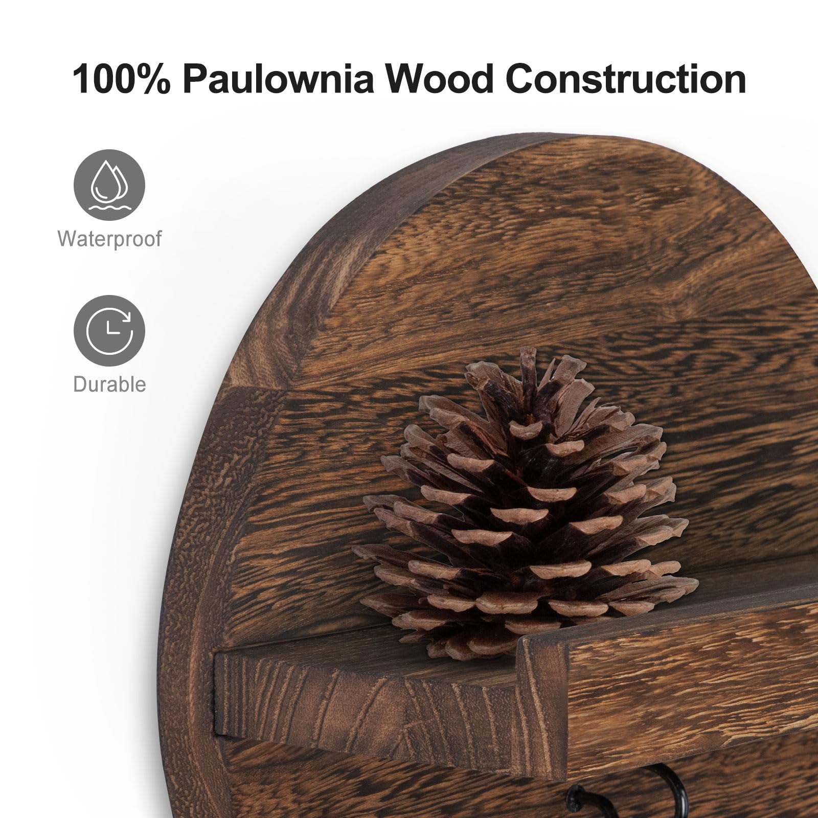 Lwenki Key Holder for Wall β Decorative Key Hook Shelf for Entryway Decor β 7.9 Inch Round Paulownia Wood Hey Hanger with 5 Metal Hooks Includes Mounting Hardware and Installation Guide