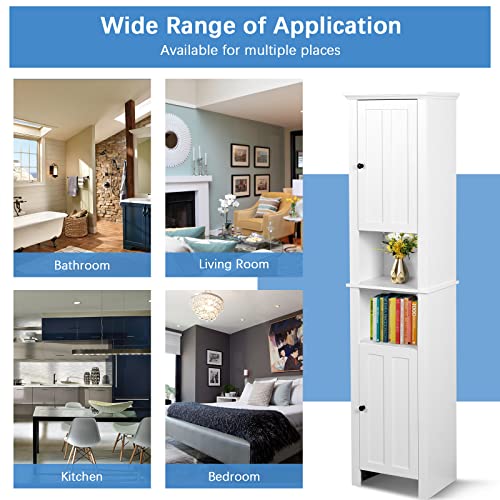 Unovivy Tall Bathroom Storage Cabinet Floor Standing Freestanding Linen Tower with 2 Doors & 6 Shelves, 15.7X 11.8X 66.9 Inches, for Living Room, Kitchen, Off-White