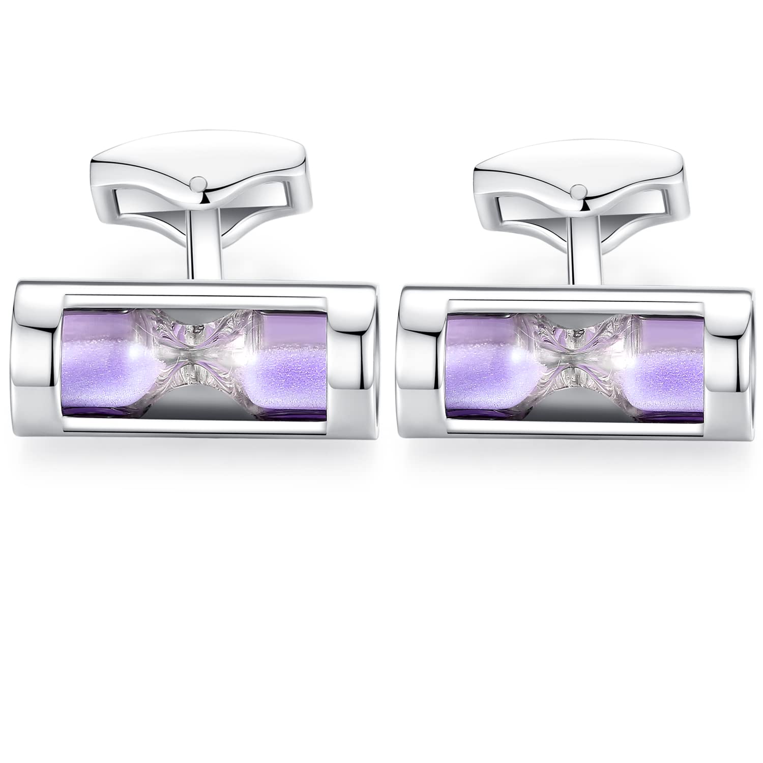 HONEY BEAR Hourglass Funnel Sand Timer Cufflinks for Mens Steel Wedding Gift (Purple)