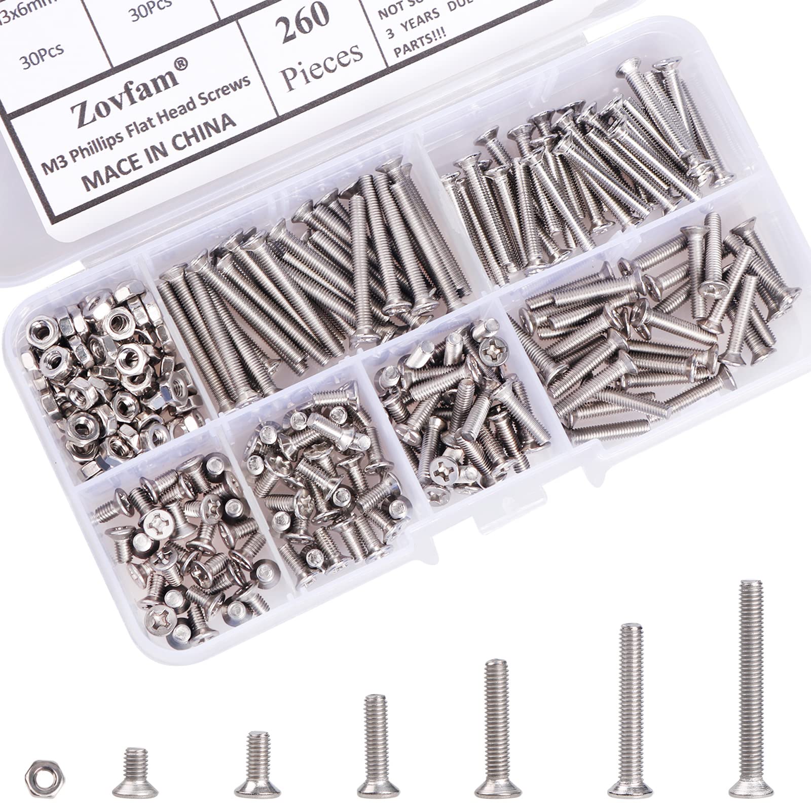 M3 Phillips Flat Head Screws Countersunk Bolts Nuts 304 Stainless Steel Nuts and Bolts Assortment Kit M3 x 6mm/ 8mm/ 12mm/ 16mm/ 20mm/ 25mm Metric Bolt Kit 260Pcs