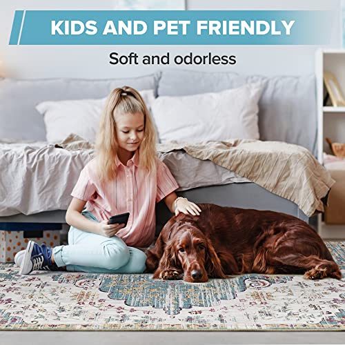 Pajata Light Blue and White Vintage 5X7 Area Rug Bohemian Floral Cover Print Distressed Carpet for Bedroom Living Room Non-Shedding