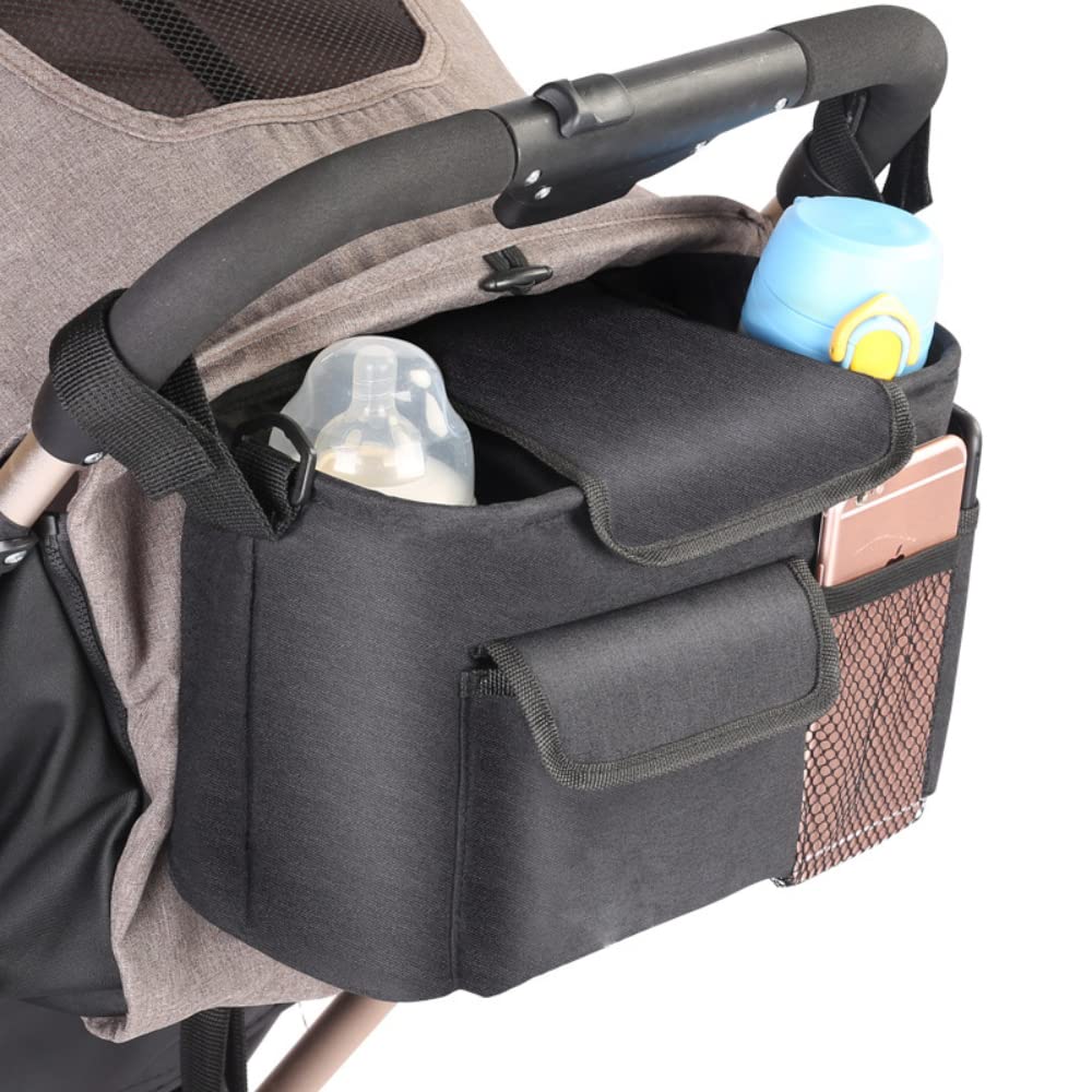 KONNICHIWABABY Baby Stroller Organizer, Adjustable Shoulder Strap, Large Capacity for Baby Essentials, Compact Design Fits Any Strollers(Black), for Carrying Diaper, iPhone, Toys & Snacks