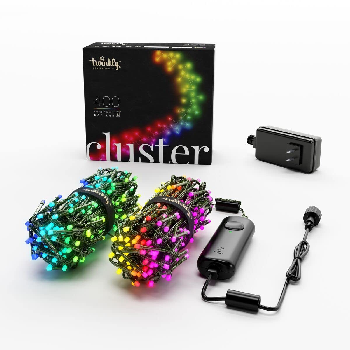 Twinkly Cluster 19.7ft RGB, Dense Strip of 400 LED Lights, in- and Outdoor Smart Multicolor LED Lights, Compatible Alexa and Google Home, Gaming Lights, IP44, App Mapping, Green Wire
