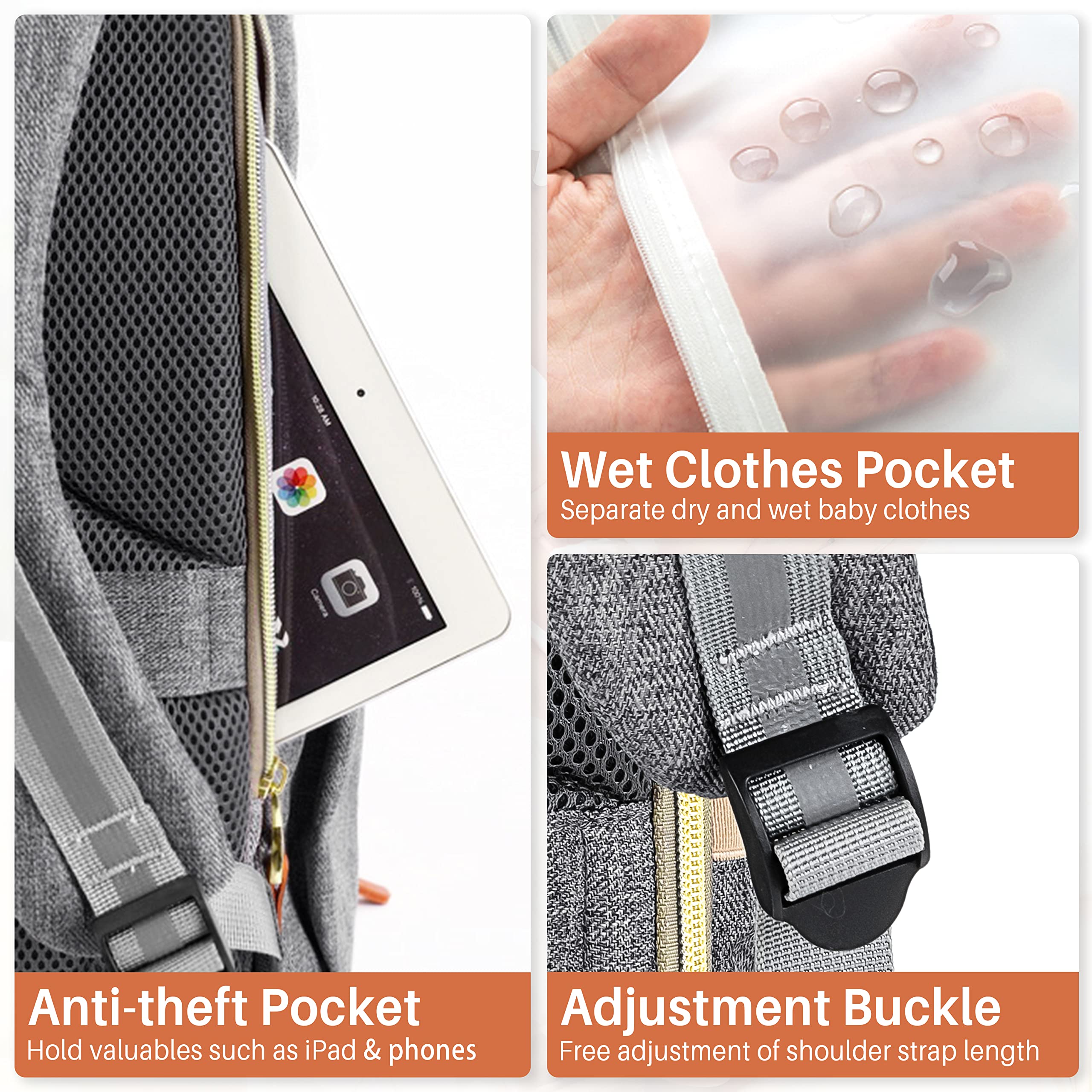 espidoo Diaper Bag Backpack, Large Capacity Multi-Function Waterproof Maternity Nappy Bags Changing Bags with Insulated Pockets and Stroller Straper for Mom Dad Travel Gear, Light Grey with Plaid