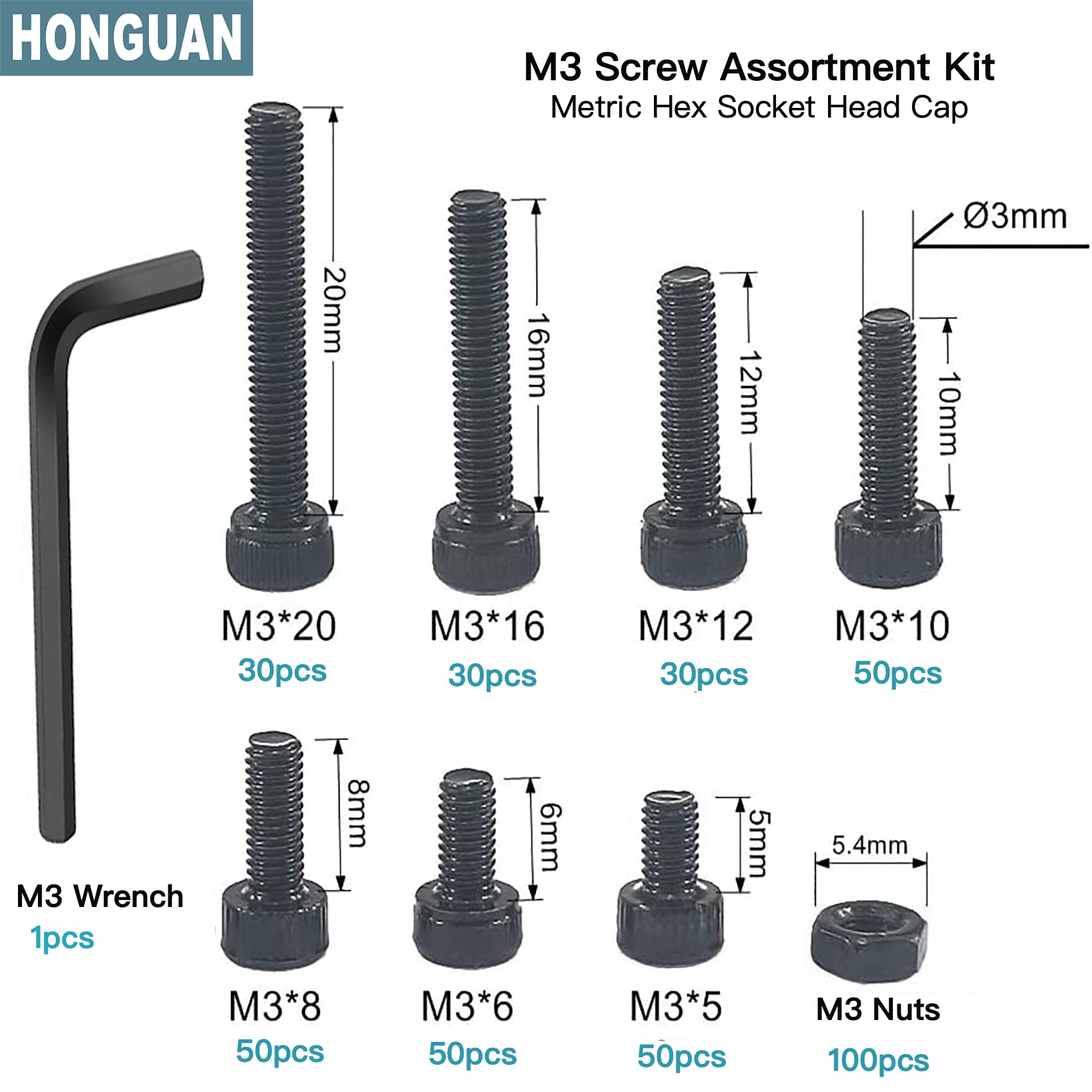 M3x5 6 8 10 12 16 20mm Screw Assortment Metric Hex Socket Head Bolts Nuts Small Screws for 3D Printer DIY RC Cars