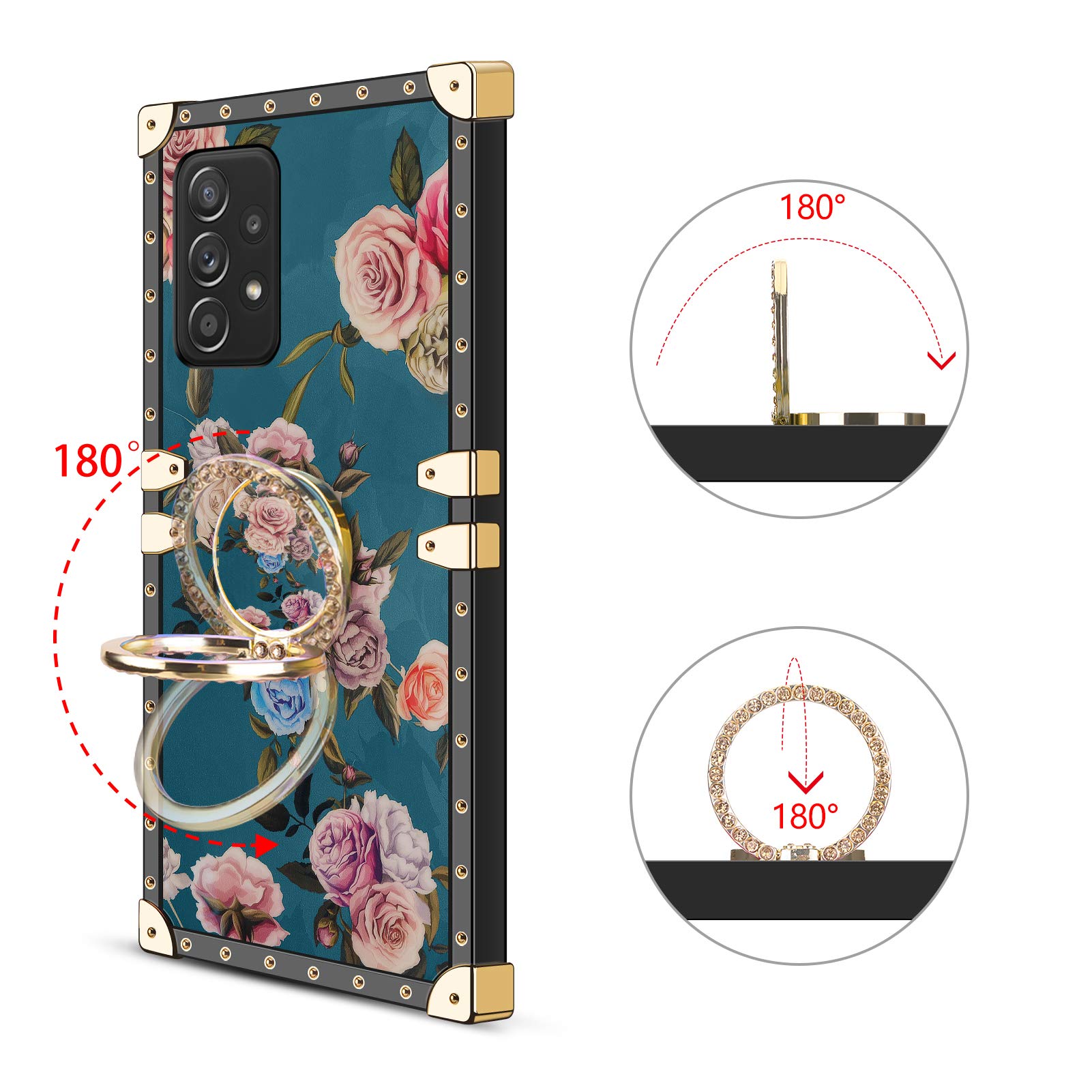 HoneyAKE for Samsung Galaxy A52 5G Case with Ring Stand Holder Floral Elegant Soft TPU Reinforced Corner Shock-Absorbing Protective Cover Square Case Compatible with Samsung Galaxy A52 6.5 inch Peony