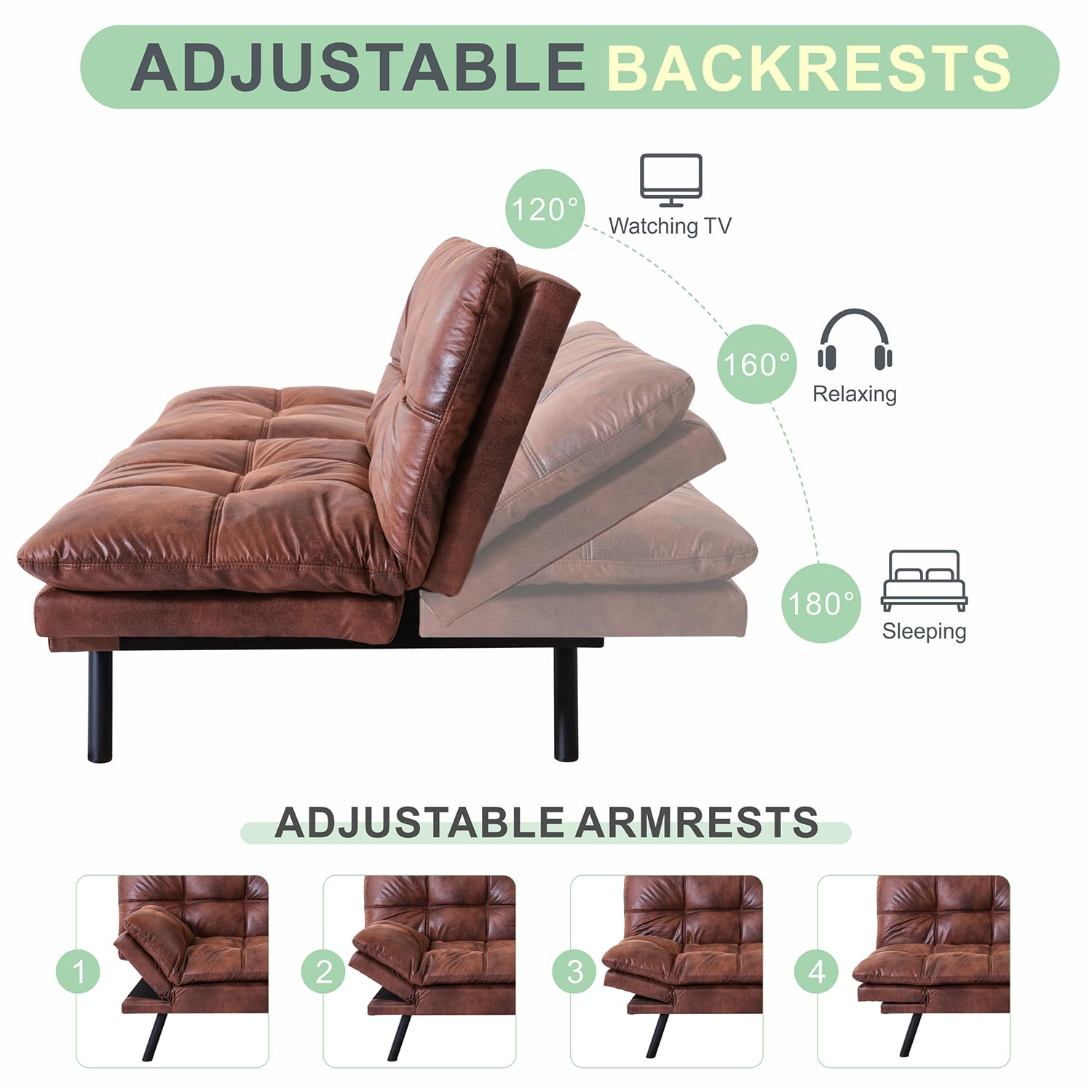 MUUEGM Futon Sofa Bed,Convertible Futon Couch, Memory Foam Futon, Sofa Bed Couch,Modern Loveseat Sofa,Comfy Sleeper Sofa for Compact Space,Apartment, Living Room,Easy Assemble,Brown