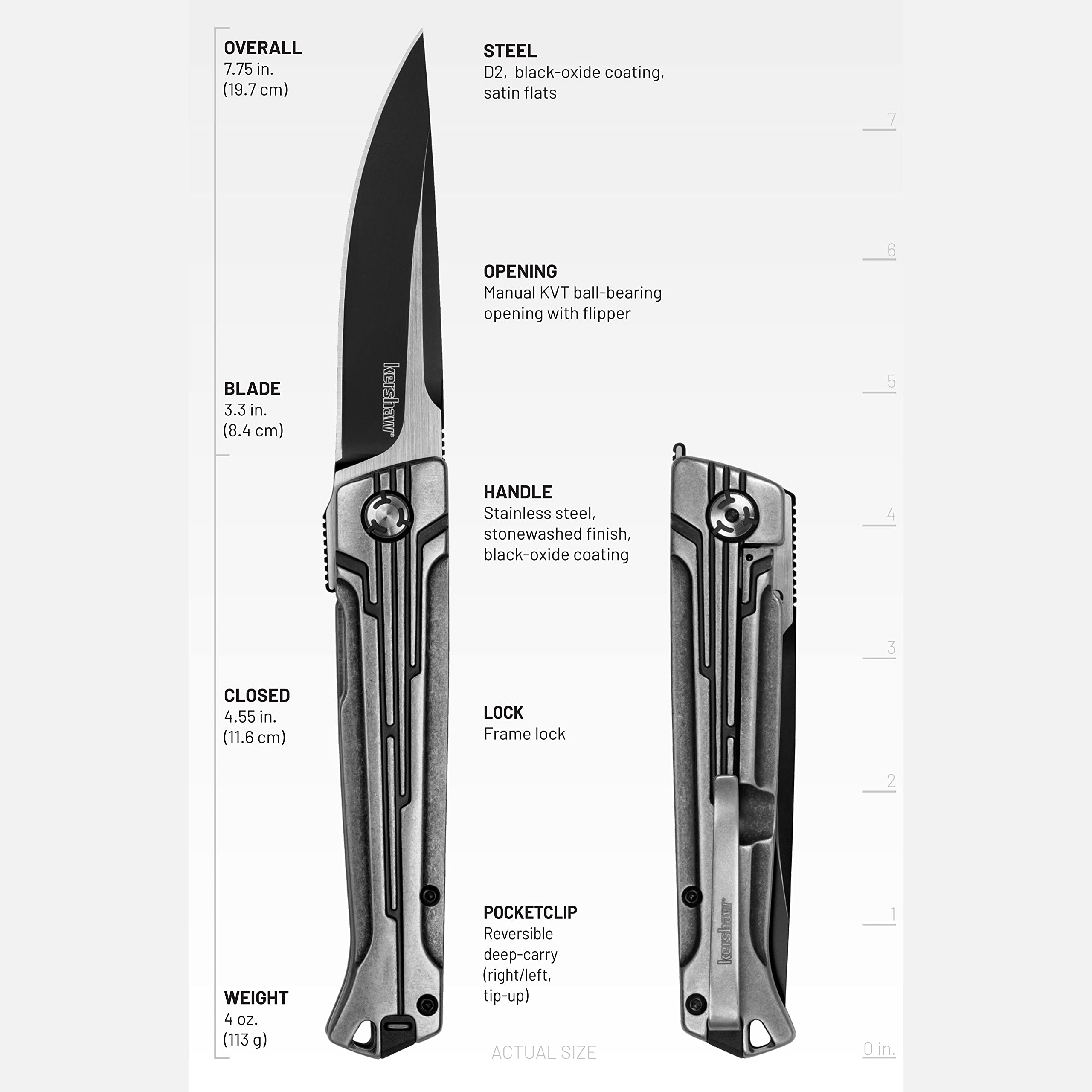 Kershaw Noventa Pocket Knife, 3.3 inch Stonewashed D2 Steel Blade with KVT Ball Bearings, Stainless Steel Handle, Pocketclip,black