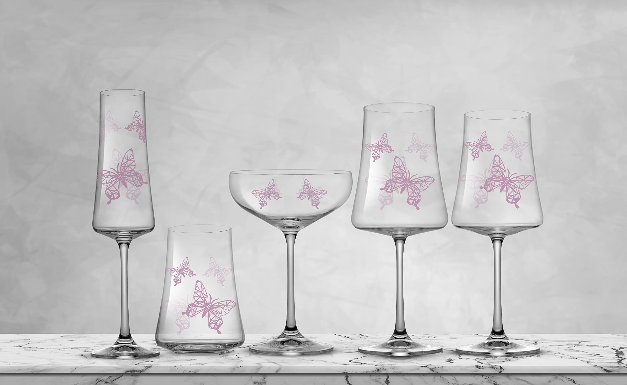 JoyJolt Meadow Butterfly Martini Glasses – 14oz Premium Crystal Martini Glasses Set of 2 – Exquisite Pink Butterfly Printing – Tall Manhattan Glasses for Cocktails, Martini, Drinks – Made in Europe