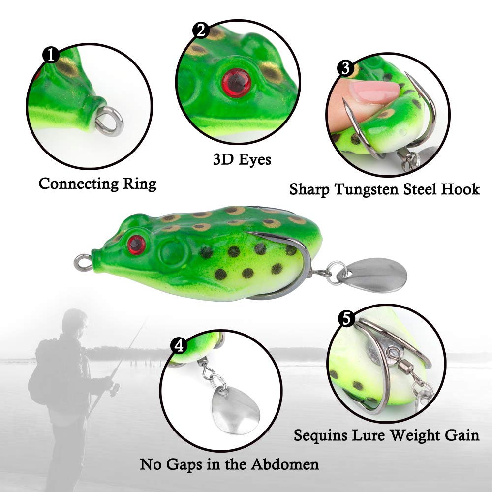 Honicol Fishing Lures for Bass Topwater Frog Lure - Weedless Lures Soft Plastic Fishing Bait, 5pcs Toad Lures with Tackle Box