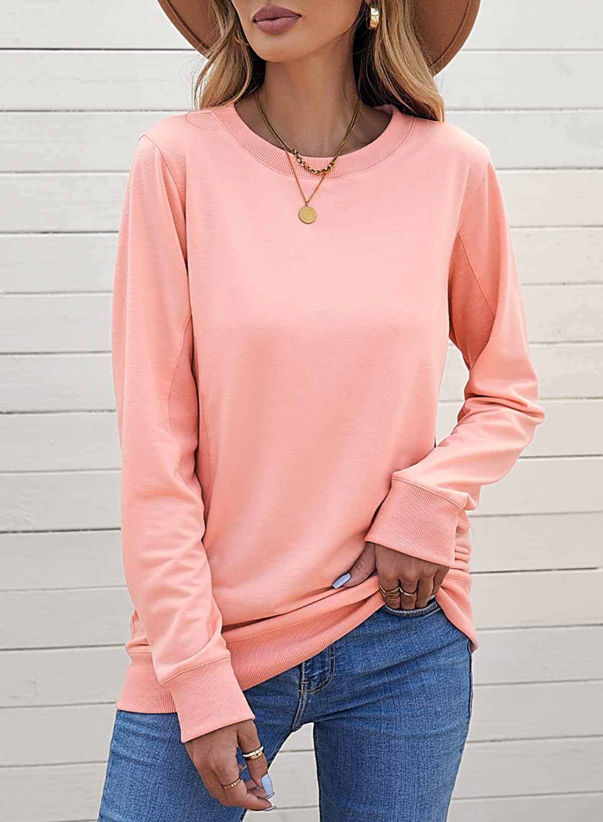 Happy Sailed Women's Casual Long Sleeve Sweatshirts Crewneck Pullover Tunic Shirts Tops Pink 2X-Large