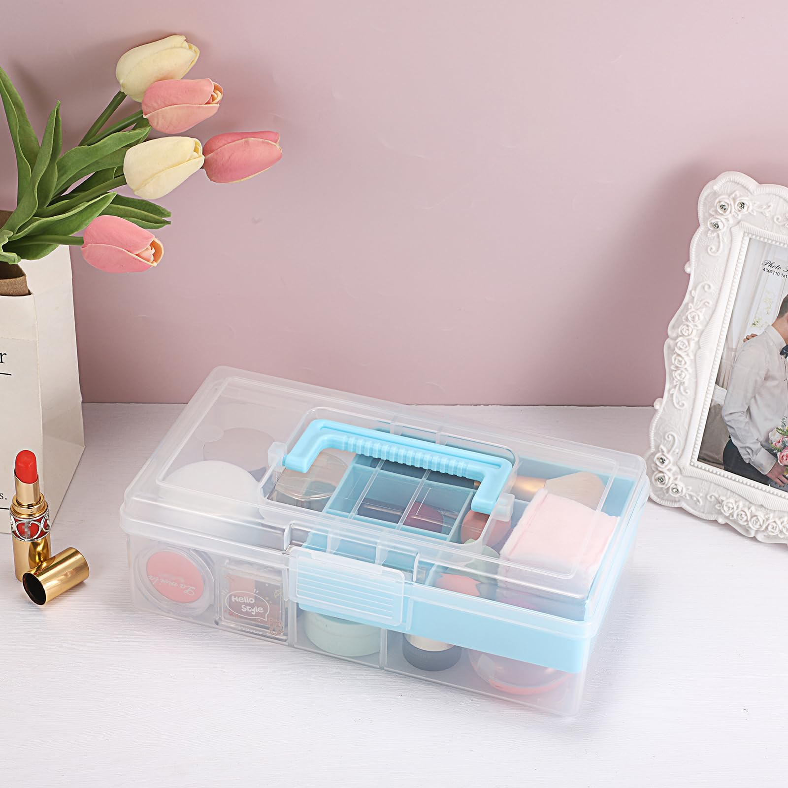 JUXYES Plastic Carry Storage Box with Removable Dividers, Clear Art Craft Supply Storage Bin Sewing Box With Handle Lid, 2 Layers Stationery Storage Case for School/Office Supplies