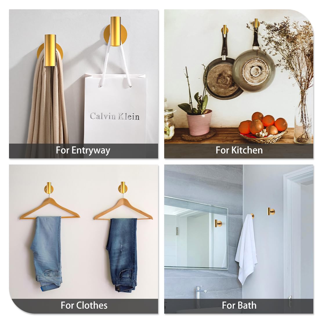 lmytdo Towel Hooks for Bathrooms, Coat/Robe Hook Gold Stainless Steel Heavy Duty Hangers for Bedroom Kitchen Livingroom Garage Hotel Shower Hooks (2 Pack