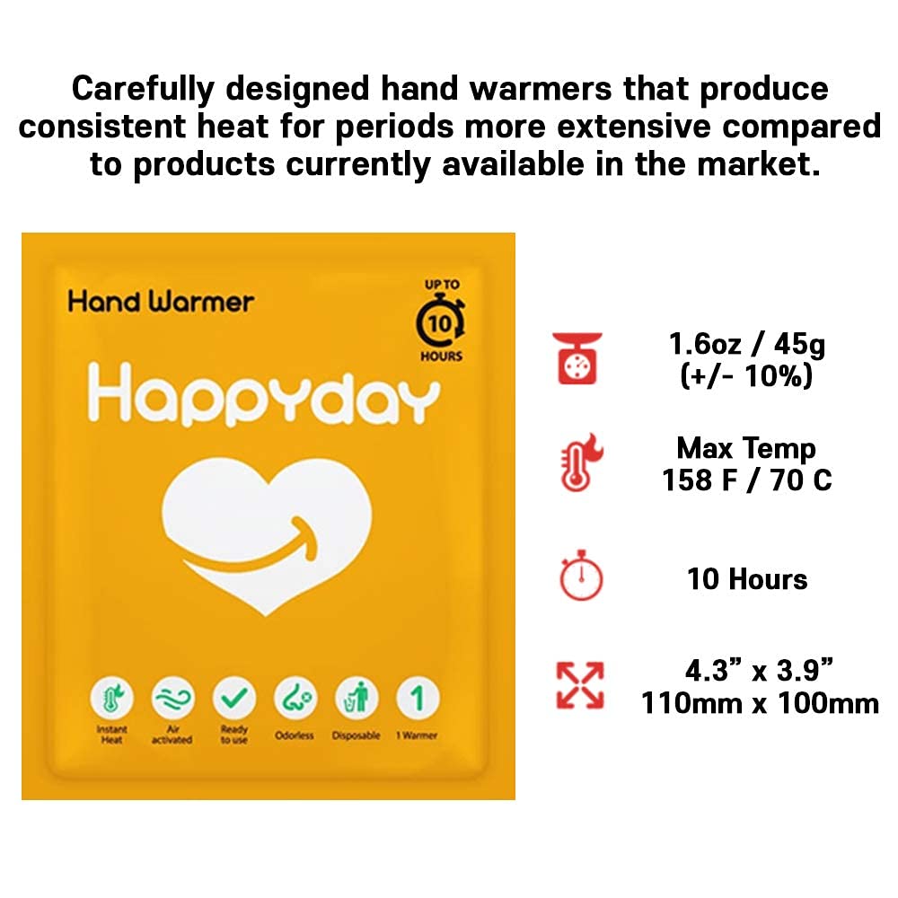 Happyday Hand Warmer 10 Hour – 40 Individual Disposable Warmers (Large Size: 4.3” x 3.9”) – Instant Heat and Lasts Up to 10 Hours