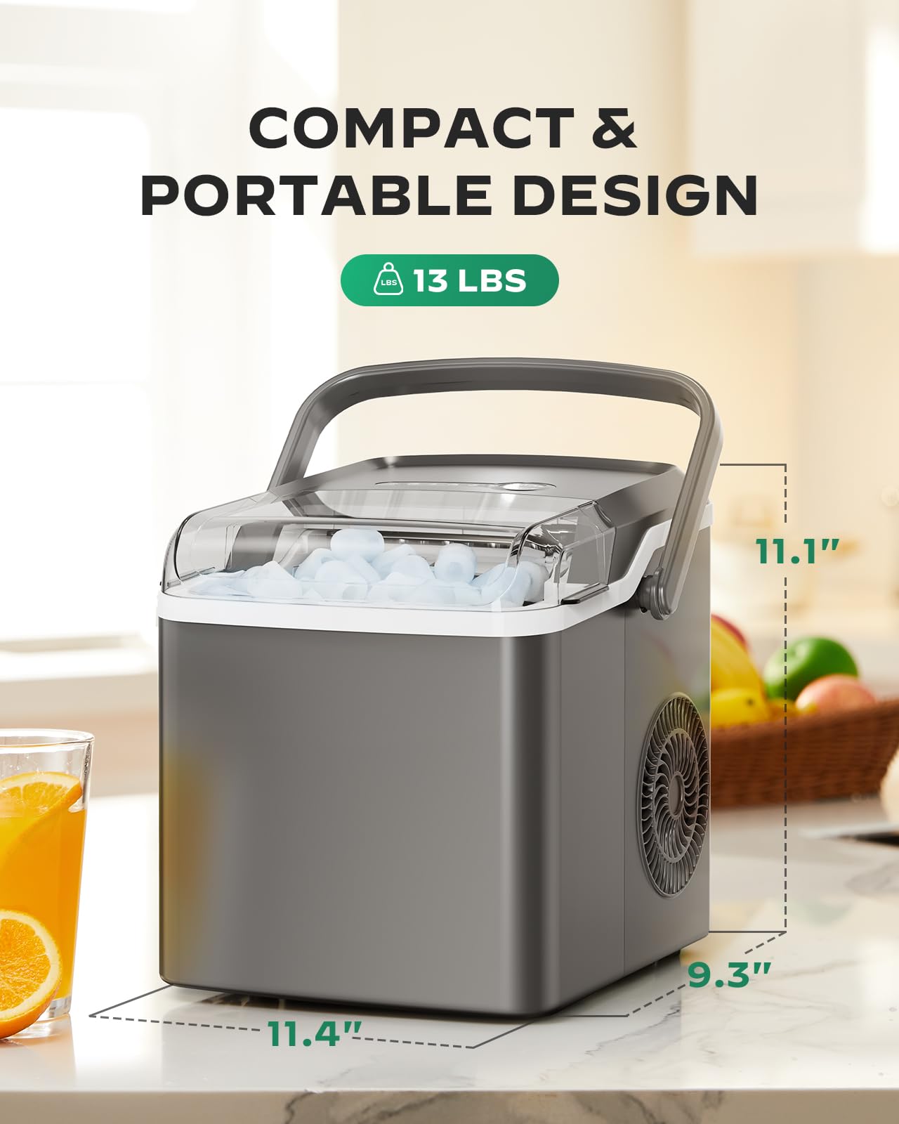 Silonn Countertop Ice Maker, 9 Cubes Ready in 6 Mins, 26lbs in 24Hrs, Portable Ice Machine with Self-Cleaning, 2 Sizes of Bullet Ice for Home/Kitchen/Party/RV, Grey