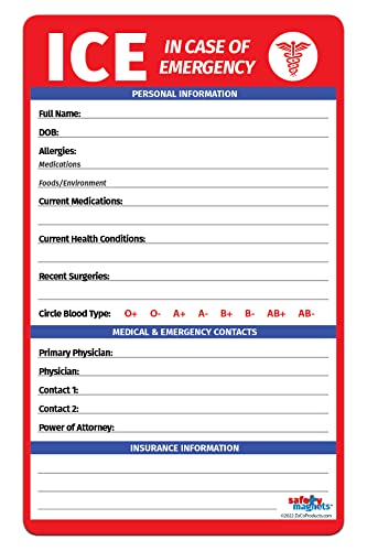 ICE Medical Card for Seniors - in Case of Emergency Fridge Magnet with Marker - Refrigerator Safety Important Phone Numbers Call List for First Responders - 5.25 x 8.5 in. (1 Pack)