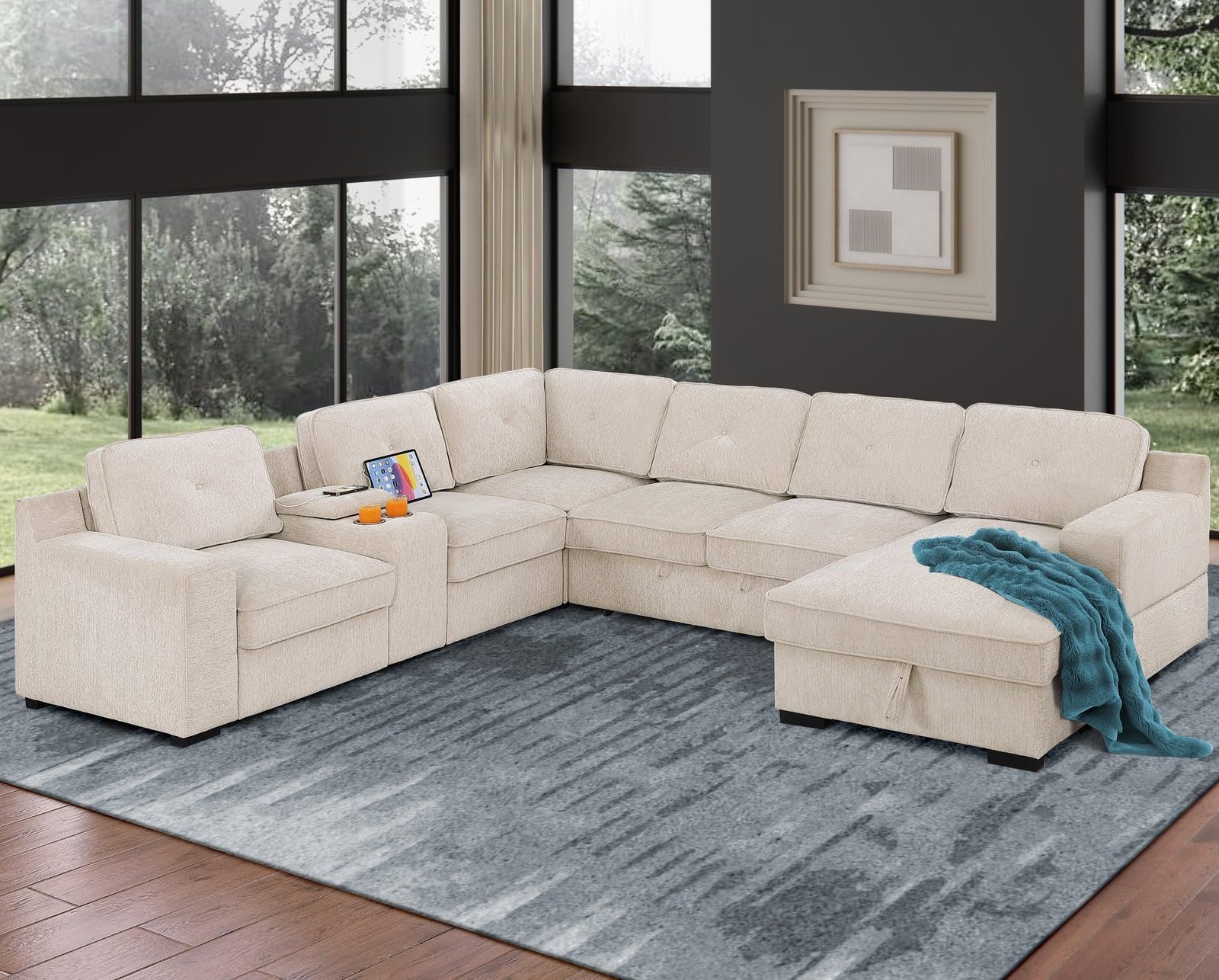 MODCART 102Inch Modern Velvet Sofa with 4 Throw Pillows & Ottoman, L-Shaped Upholstered Couches w/Buttoned Design and Silver Legs, for Living Room, Bedroom, Office