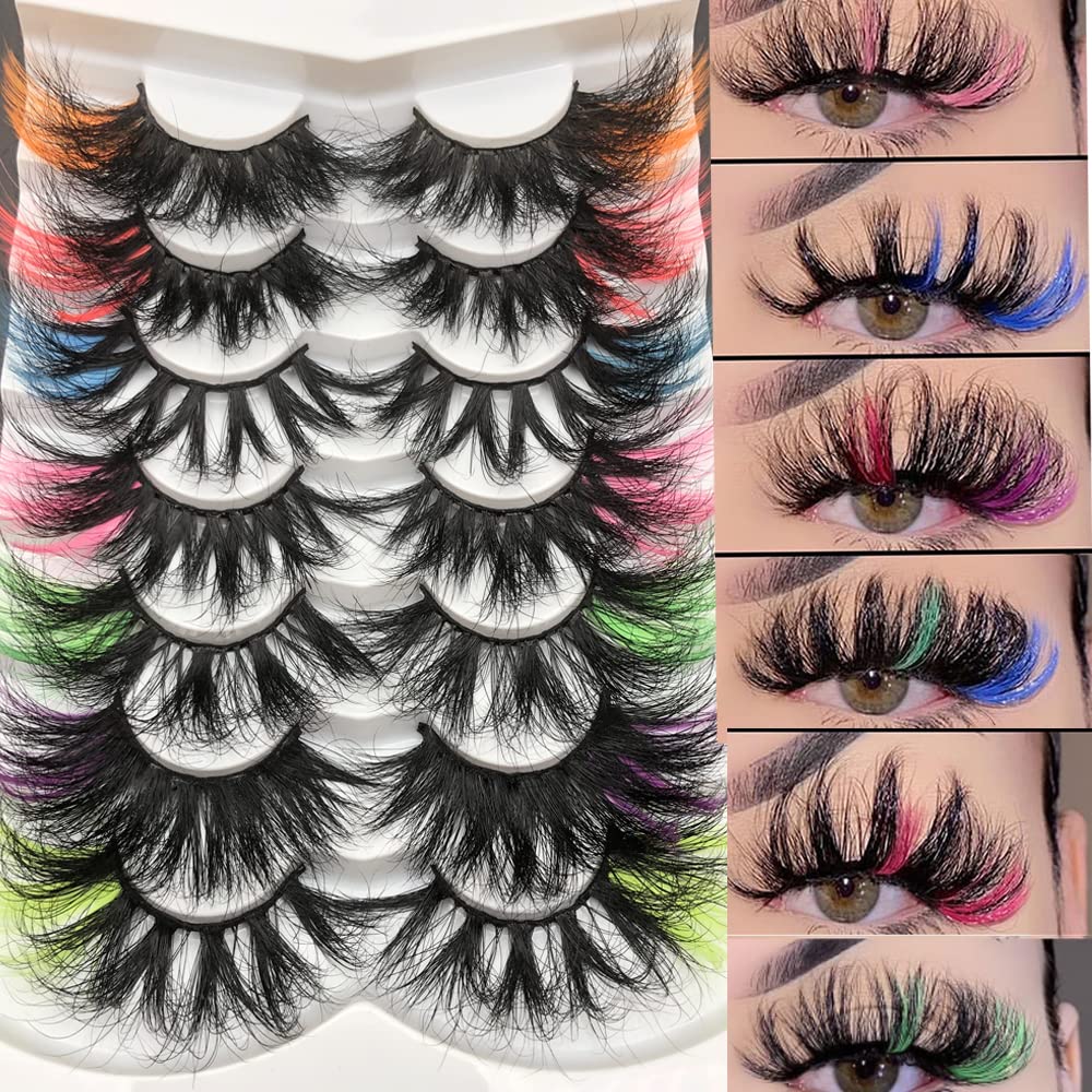 Mikiwi 25mm Colored Mink Lashes Pack, 7 Pairs Mix Color Drametic Long 25mm Real Mink Eyelashes With Color on end, Fluffy Mink Colored Eyelashes, Colorful Lashes With Orange/Red/Pink/Blue/Green/Purple