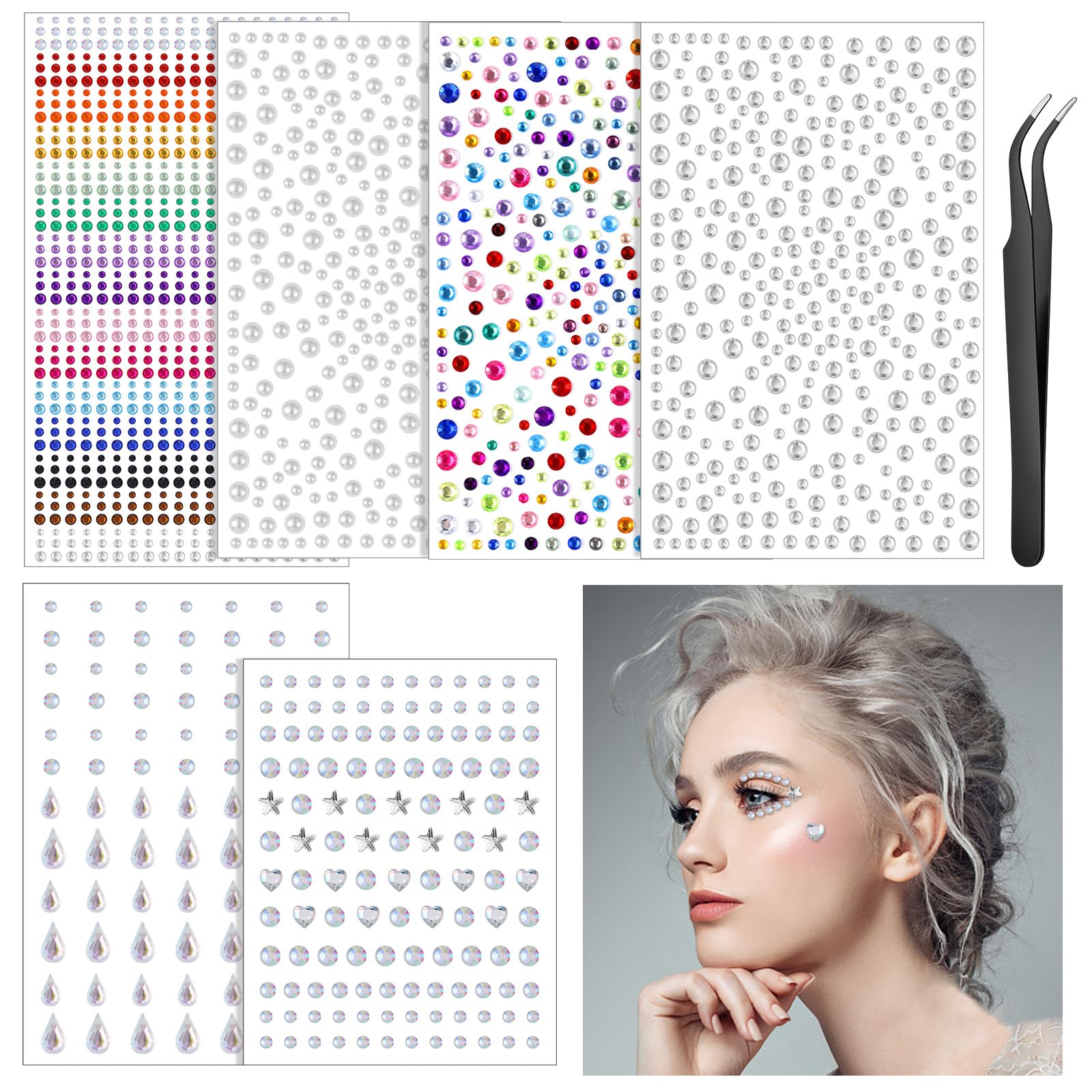 Face Gems Stick On, 2089 Pcs Face Jewels for Makeup Festival Concert Face Stickers Self Adhesive Rhinestone Stickers for Face Hair Eye Nail Crafts