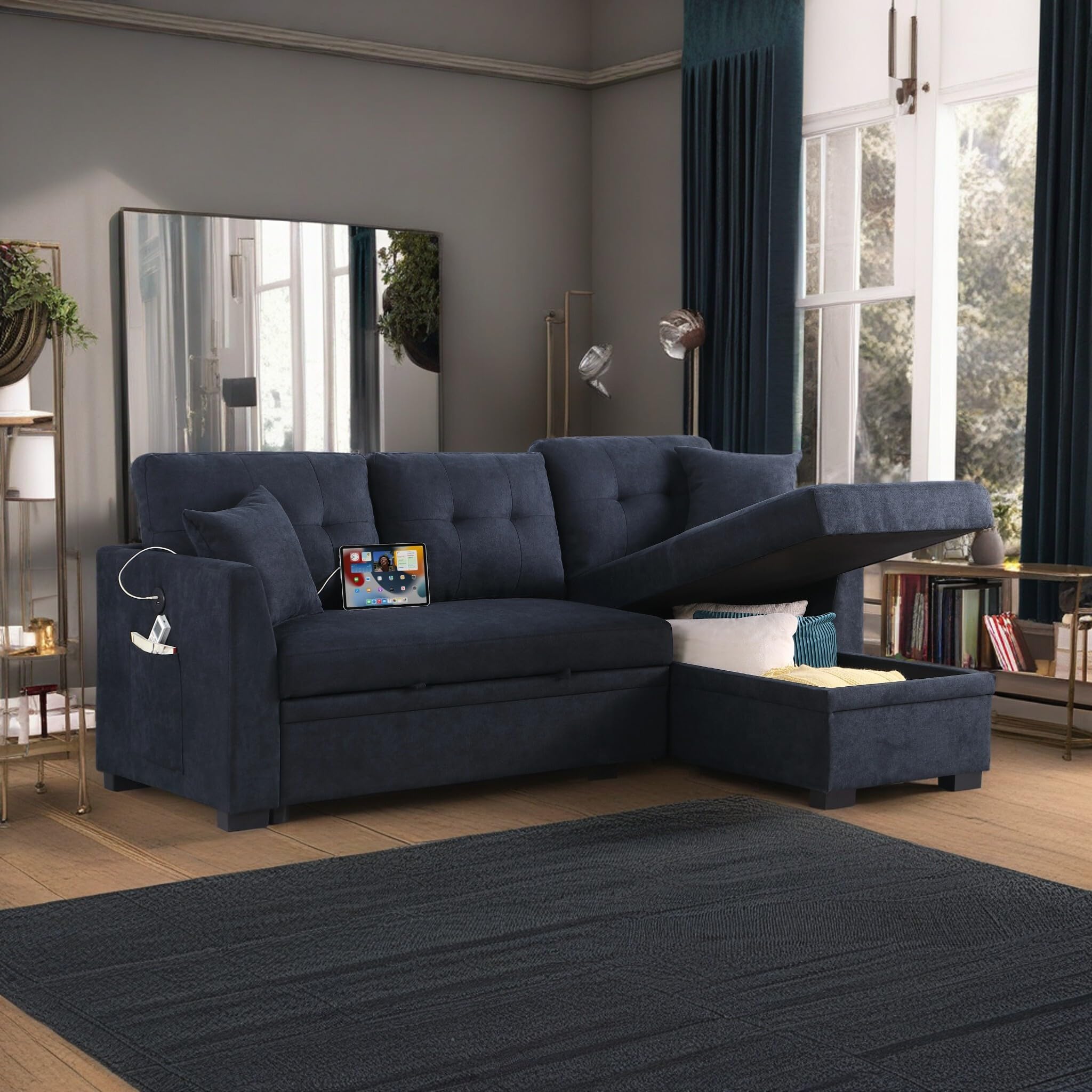 MODCART 81.5" L-Shape Convertible Sectional Sleeper Sofa with Storage Chaise & Pull-Out Bed,Linen Upholstered Corner Couch w/USB Charger Ports and Pocket for Living Room Apartment