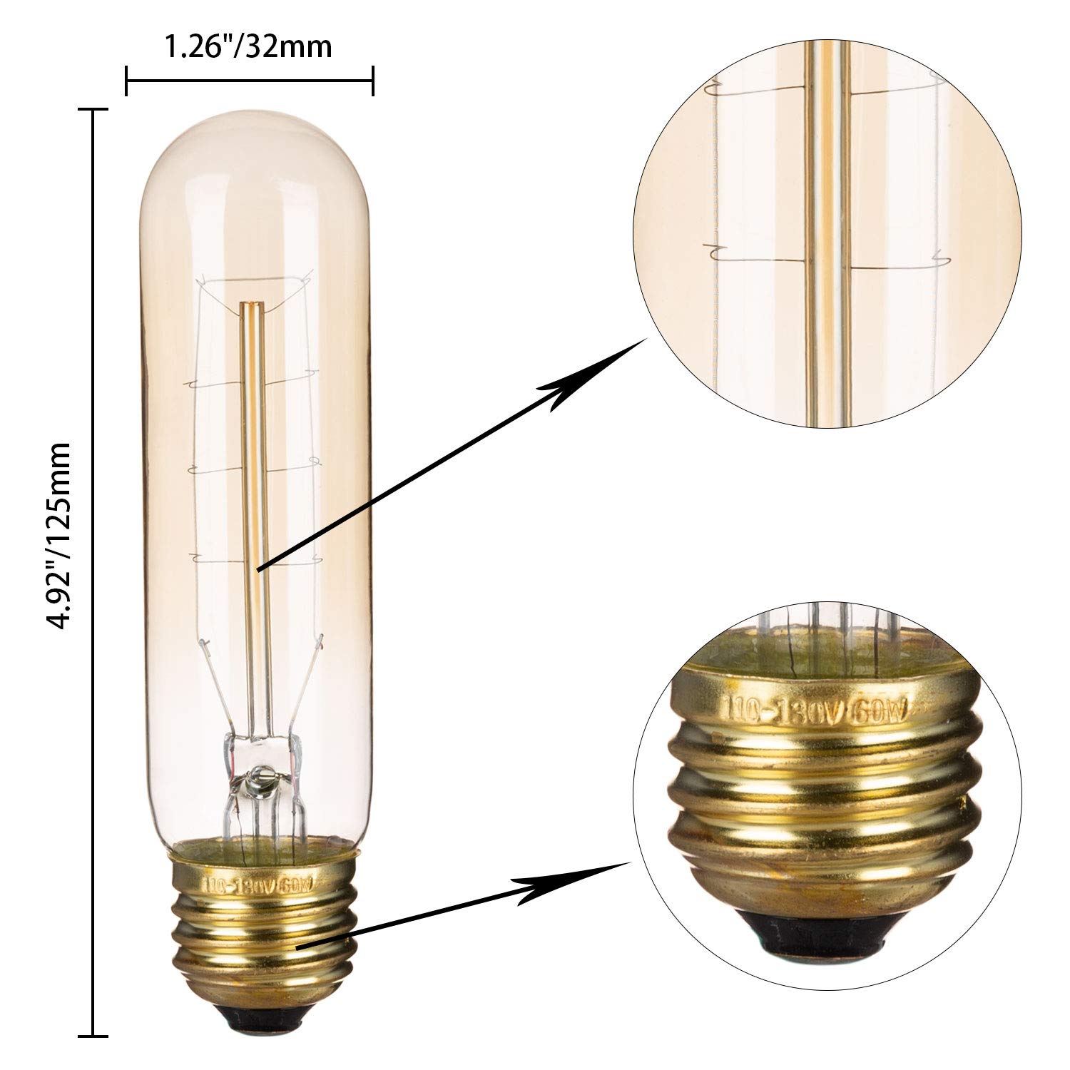 haraqi 6 Pack 60 Watt Medium E26 E27 Base 120 Volt T10 Tubular Clear Incandescent Light Bulb for Home and Commercial Decoration