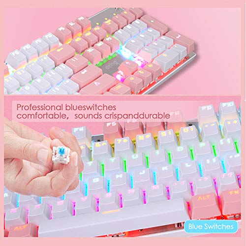 FELICON RGB LED Backlit Wired Mechanical Gaming Keyboard,Metal Panle Dustproof Suspended Keycap Keyboard,for Mac Laptop PC Game and Work (Pink)