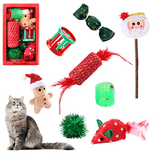 VavoPaw Christmas Stocking Cat Toys, 8PCS X-mas Santa Interactive Cat Toys with Santa Claus, Gingerbread Man, Cat Teaser Wand, Plush Rat Ball for Cat Kitten Kitty