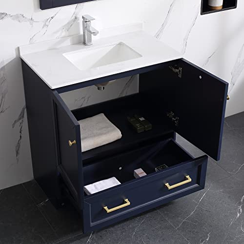 walsport Bathroom Vanity with Sink 32" Navy Cabinet White Undermount Ceramic Vessel Sink Vanities Set Chorme Faucet Drain with Mirror