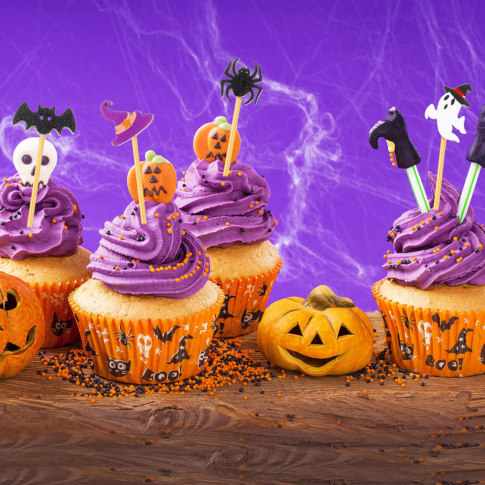 Halloween Cocktail Picks Pumpkin Spider Hat Ghost Letters Bamboo ToothPicks Appetizer Bamboo Toothpicks for Halloween Cake Food Decoration (100 Pieces)