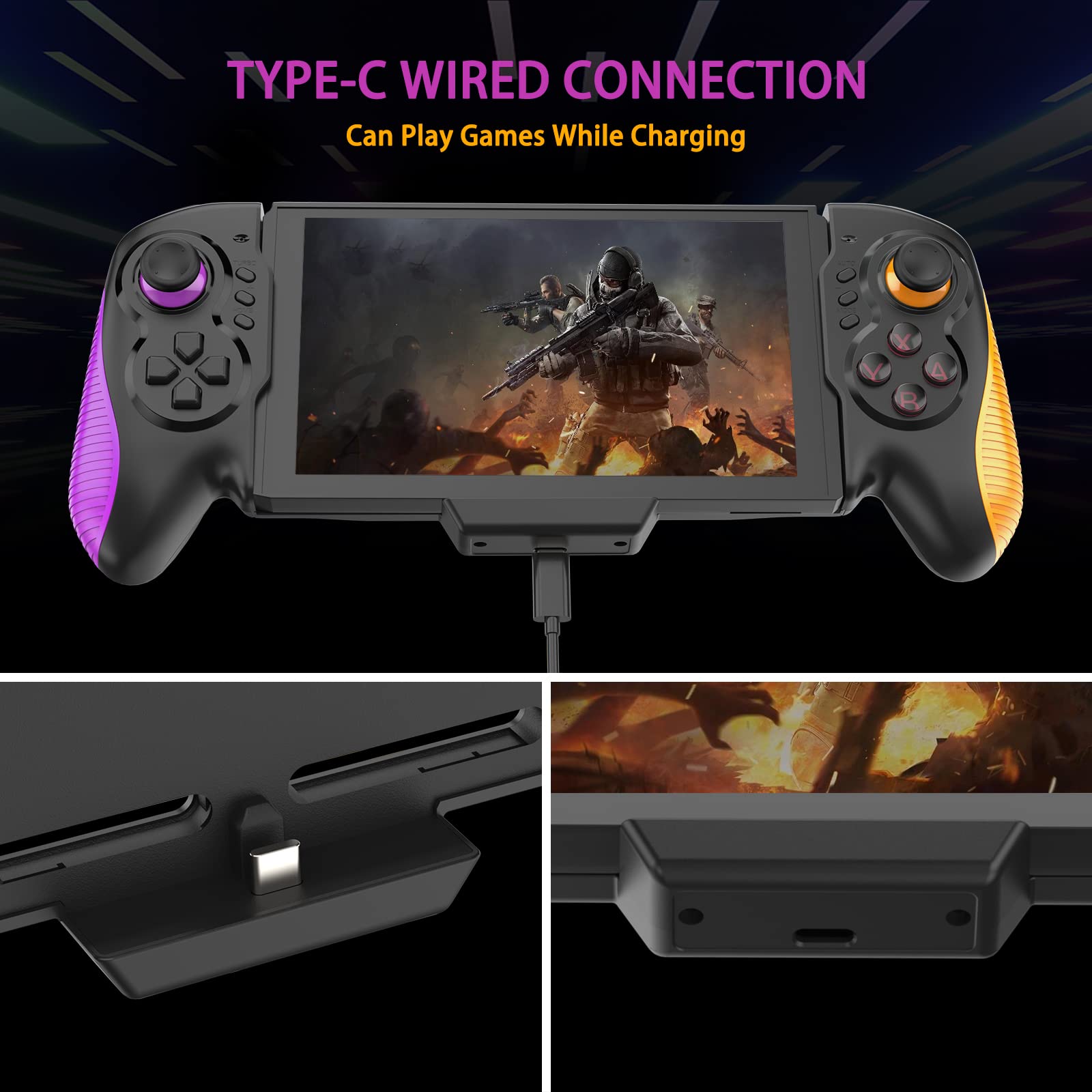Hontom Wired Gamepad for Nintendo Switch - Ergonomic Grip, 6-Axis Gyro, Turbo Function, PD Charging