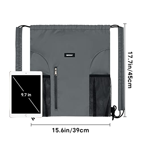 WANDF Drawstring Backpack with Shoulder Pad Sports Gym Backpack with Mesh Pocket String Bag for Women Men(Grey)