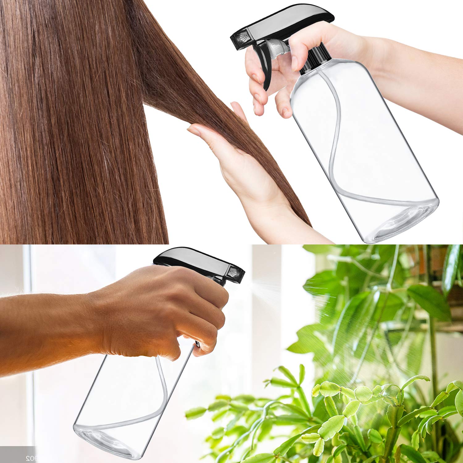 Empty Plastic Spray Bottles (2 Pack, 16.9 Oz) Clear Spray Bottle Refillable Containers Durable Adjustable Black Trigger Sprayer from Fine Mist to Stream for Hair Cleaning Solutions Gardening Plant