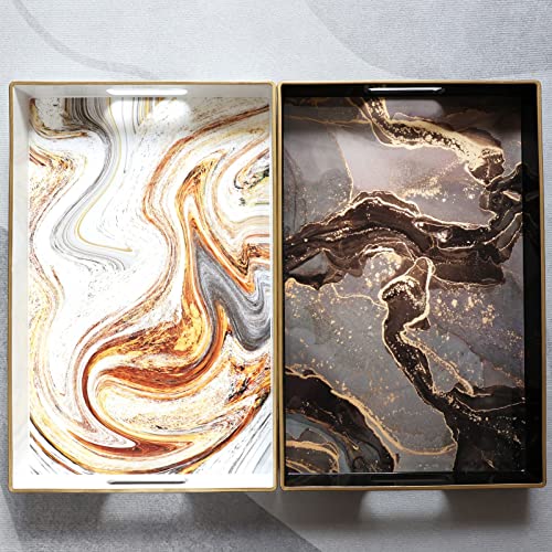 Leemxiiny Black Marbling Decorative Tray with Handles, Morden Plastic Rectangular Serving Tray for Coffee Table Bathroom, Ottoman, Home Decor, 15.7"* 10.2"* 1.38"
