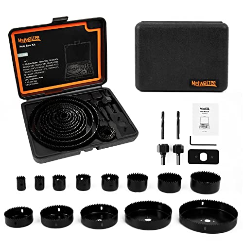 Meiwaltee Hole Saw kit,19PCS Hole Saw Set with 3/4"-6"(19-152mm) 13PCS Saw Blades,2 Mandrels,2 Drill Bits,1 Installation Plate,1 Hex Key,Ideal for Soft Wood,Plywood,Drywall,PVC Board