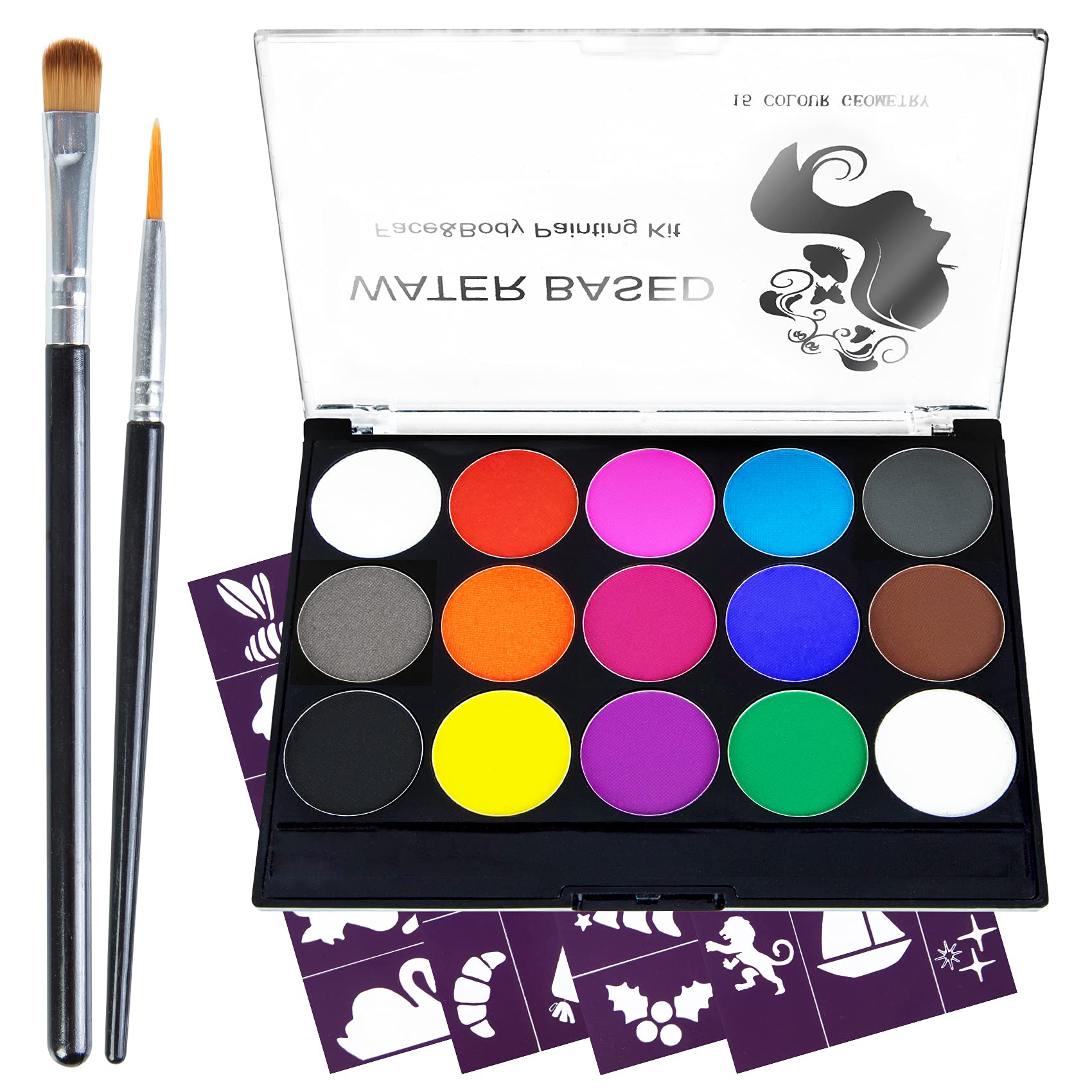 Face Paint Kit, 15 Colors Face Painting Kit with 4 Stencils 2 Brushes Professional Face Body Paint for Parties Halloween Makeup Cosplay