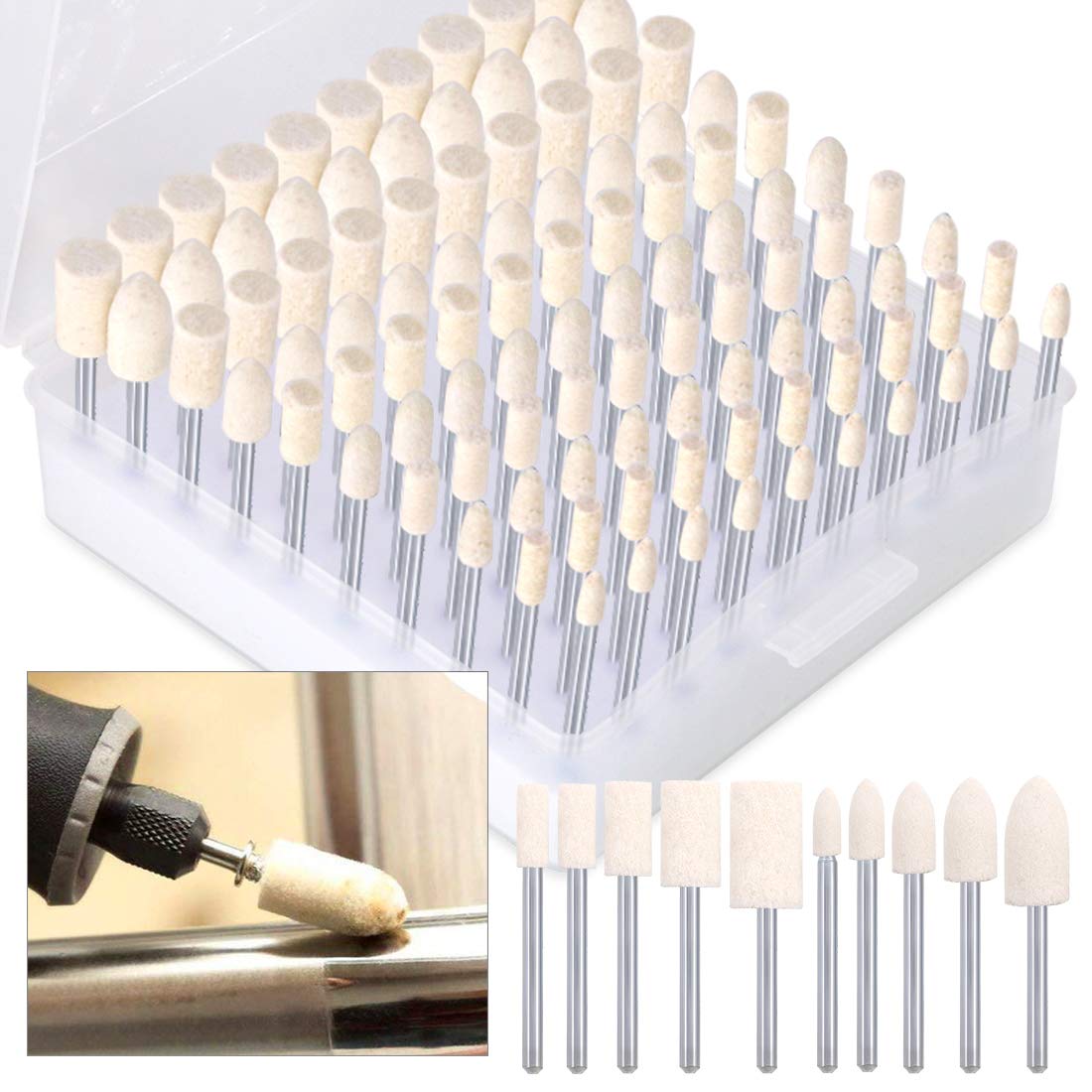 Keadic 100pcs Multifunctional Wool Felt Polishing Bits Mandrel Mounted Grinding Buffing Accessories Attachment Set - 1/8 Inch Shank