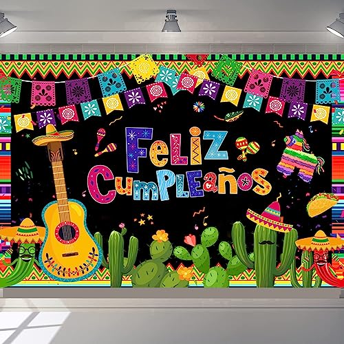 Feliz Cumpleaños Backdrop Mexican Fiesta Happy Birthday Party Decorations Supplies Cactus Balloons Mexico Cinco De Mayo Carnival Bday Cake Table Banner Photography Background Photo Props