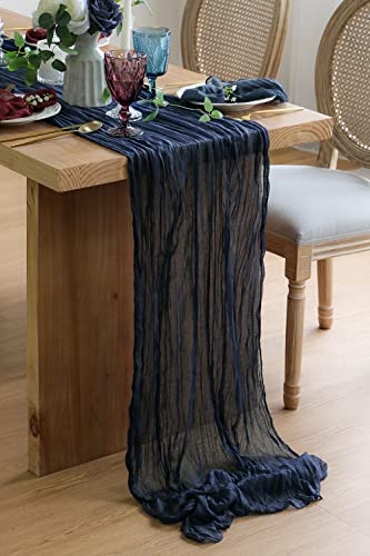 Uwilowe 5 PCS 13Ft Navy Blue Table Runner, Boho Gauze Cheese Cloth Table Runner Rustic Sheer Runner 160inch Long for Wedding Bridal Baby Shower Birthday Party Cake Table Decorations