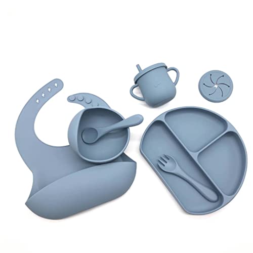 K-Universal Baby Feeding Bibs | 8pc Silicone for Babies Bib Bowl Plate Cup Fork Spoon Adjustable Divided Easily Wipe Clean Less Cleaning Time After Toddler & (Goofy grey), One Size, 800.0 grams