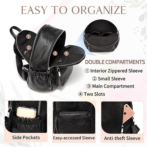 VASCHY Mini Backpack Purse, Cute Faux Leather Small Backpack Purse for Women with Double Compartment Black