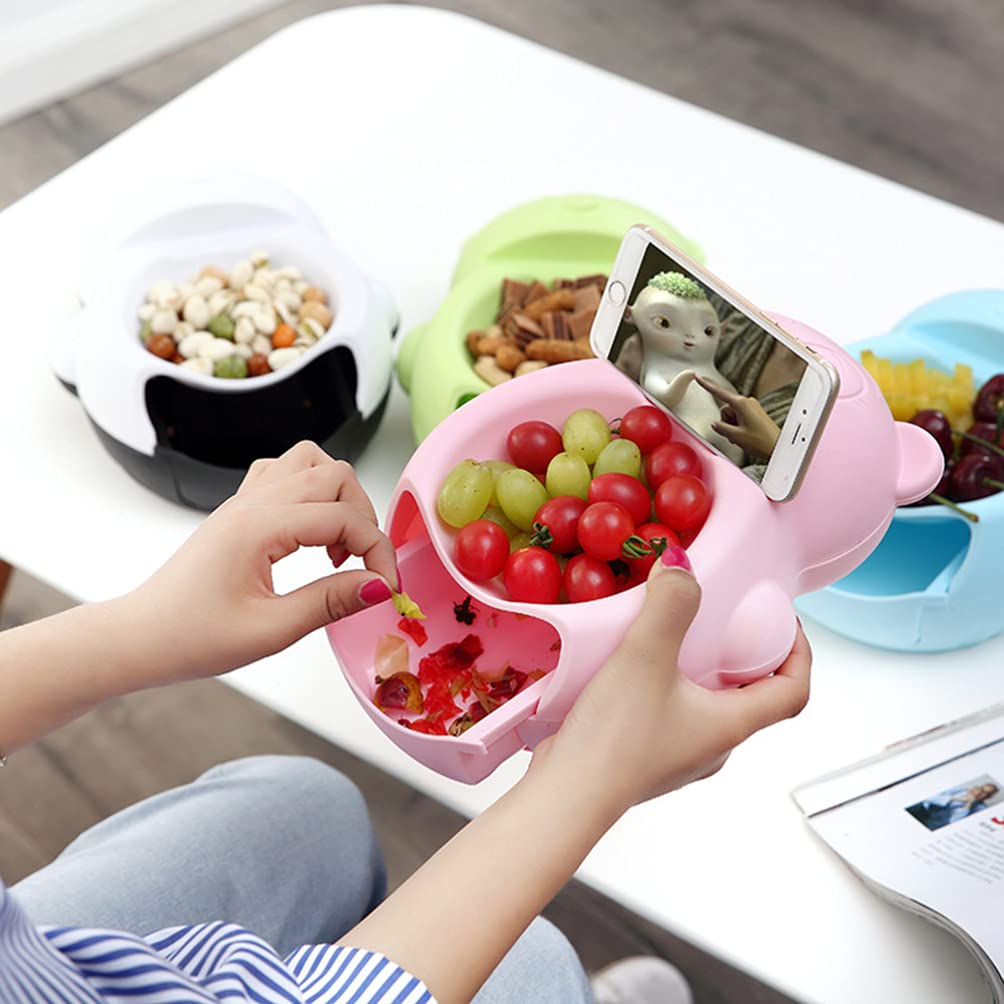 Hemoton Double Layer Snack Bowl with Phone Holder Bear Shape Lazy Candy Dish Nut Serving Plate Organizer for Pistachio Sunflower Seeds Edamame (Pink)