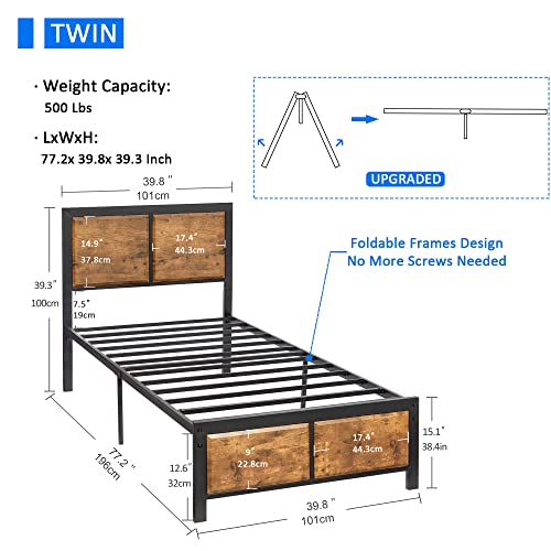 VECELO Twin Platform Bed Frame with Rustic Vintage Wood Headboard, Mattress Foundation, Strong Metal Slats Support, No Box Spring Needed