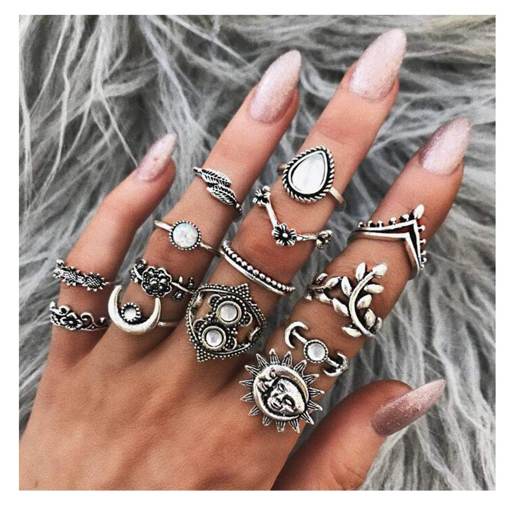 Eoumy Vintage Knuckle Ring Set for Women Retro Silver Hollow Carved Flowers Leaf Sun Moon Stackable Rings Set