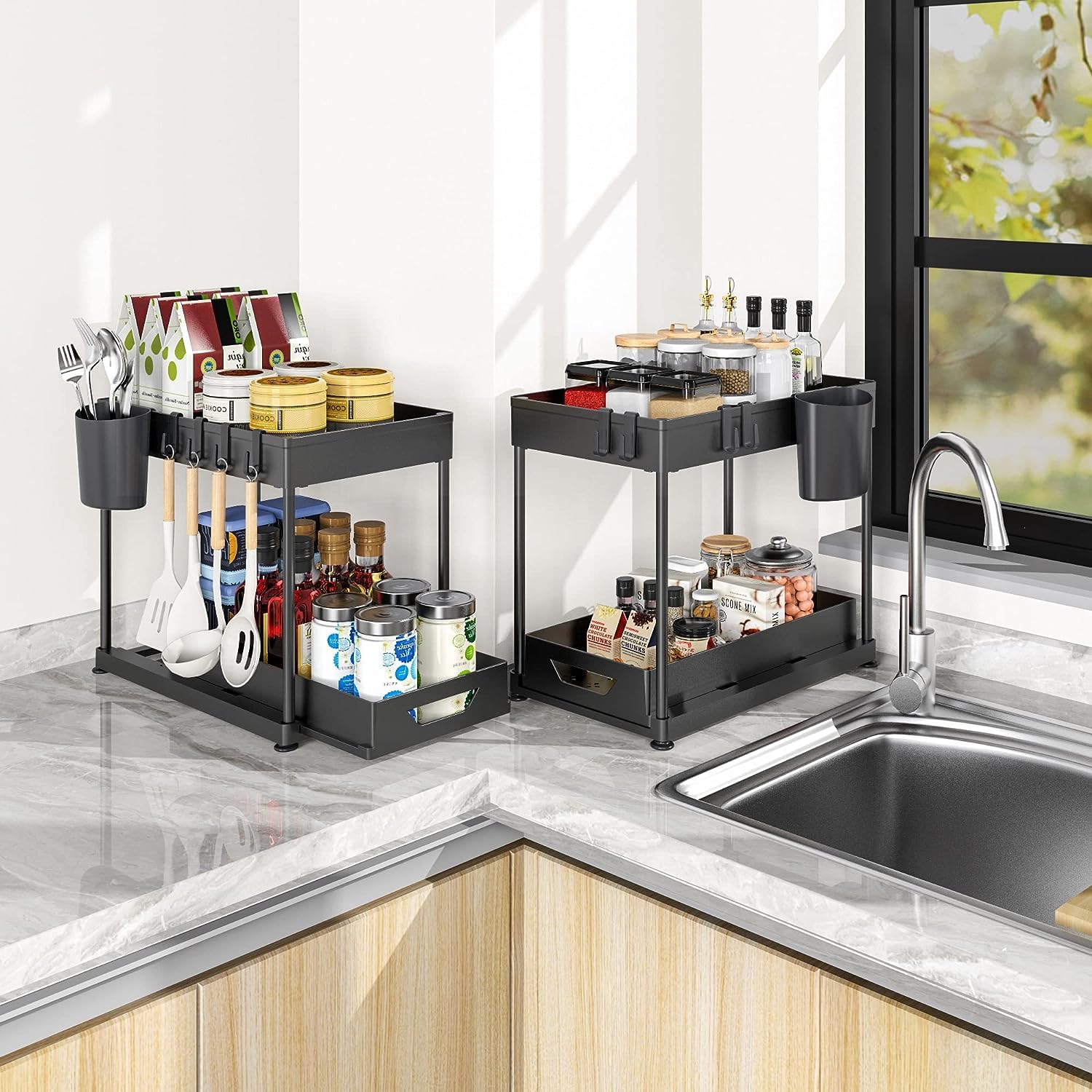 FatPnut Kitchen Under Sink Organizer, 2 Tier Slide Out Under Cabinet Organizer, 2 Pack Double Shelf Kitchen Storage, Under the Sink Organizer Bathroom (Black) SCSN-L-02