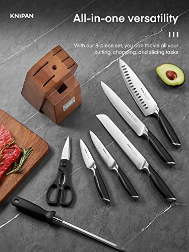 Knipan Knife Set, 8-Piece Premium Knife Block Set with High Carbon German Steel, 5 Knives, Sharpening Steel, Multi-Purpose Scissors, Block of Wood, Ergonomic ABS Handle